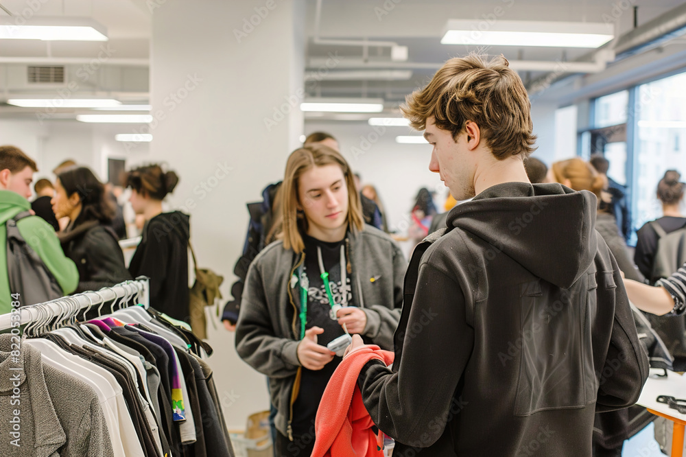 Foto de Stock Students participating in clothing swap event, supporting ...