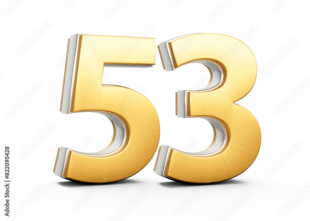 3D Golden Shiny Number 53 Fifty Three With Silver Outline On White ...