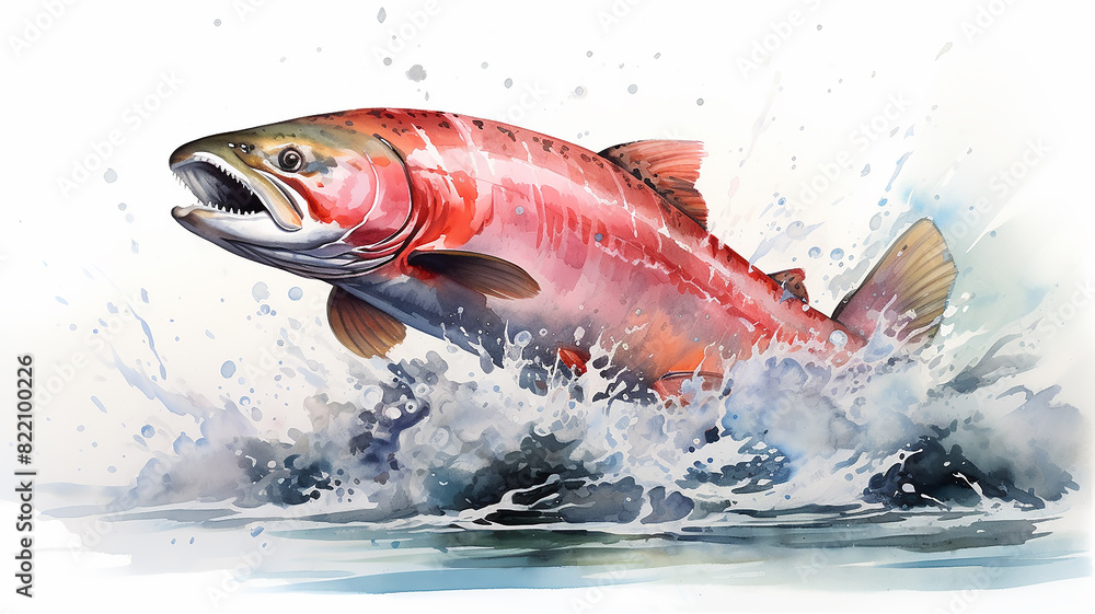 salmon trout orange speckled fish swims in the sea current in colored ...