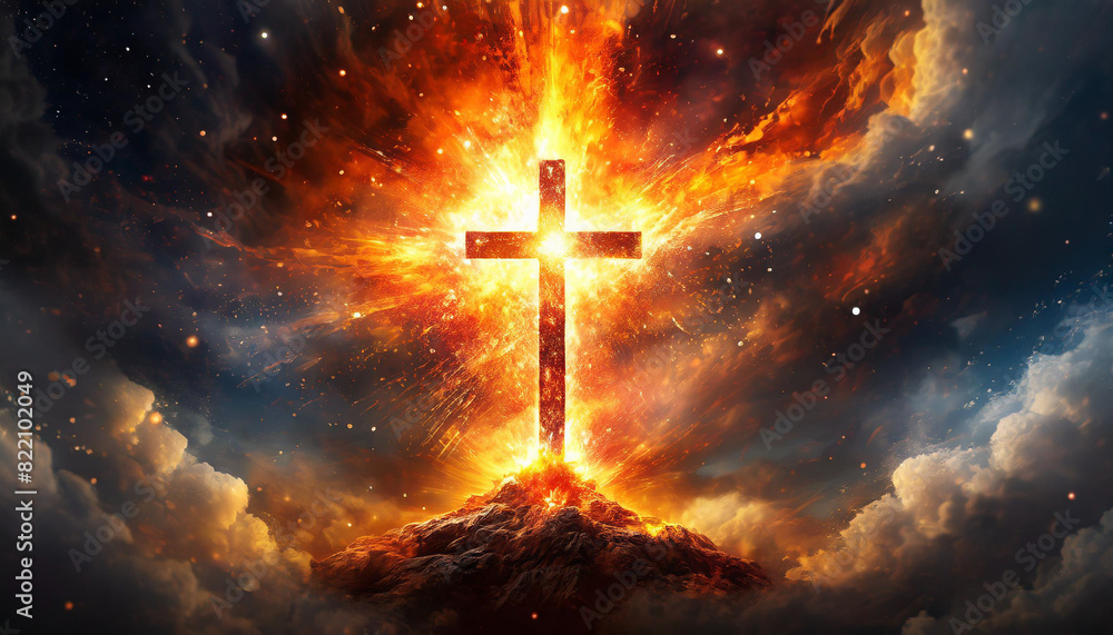 dramatic fiery explosion erupts from a Christian cross set amidst ...