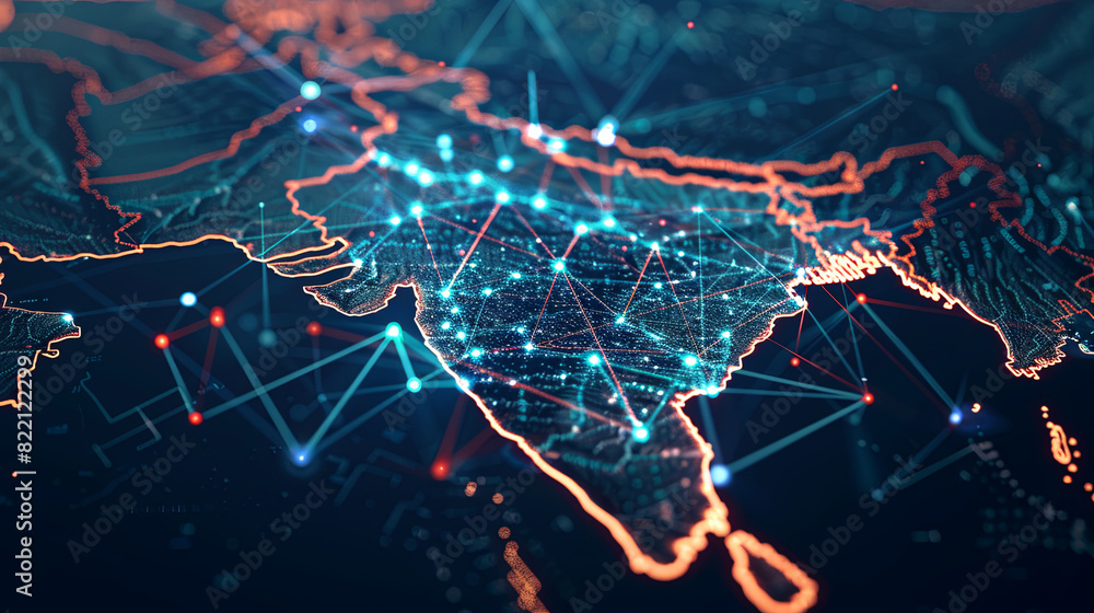 Abstract network grid with data transfer lines and nodes on indian map ...