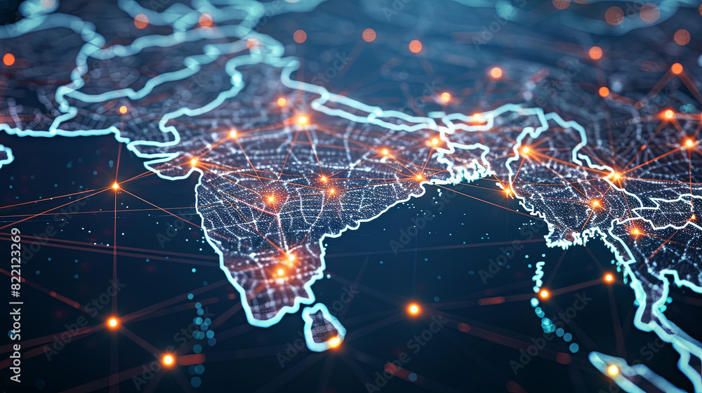 Abstract network grid with data transfer lines and nodes on indian map ...