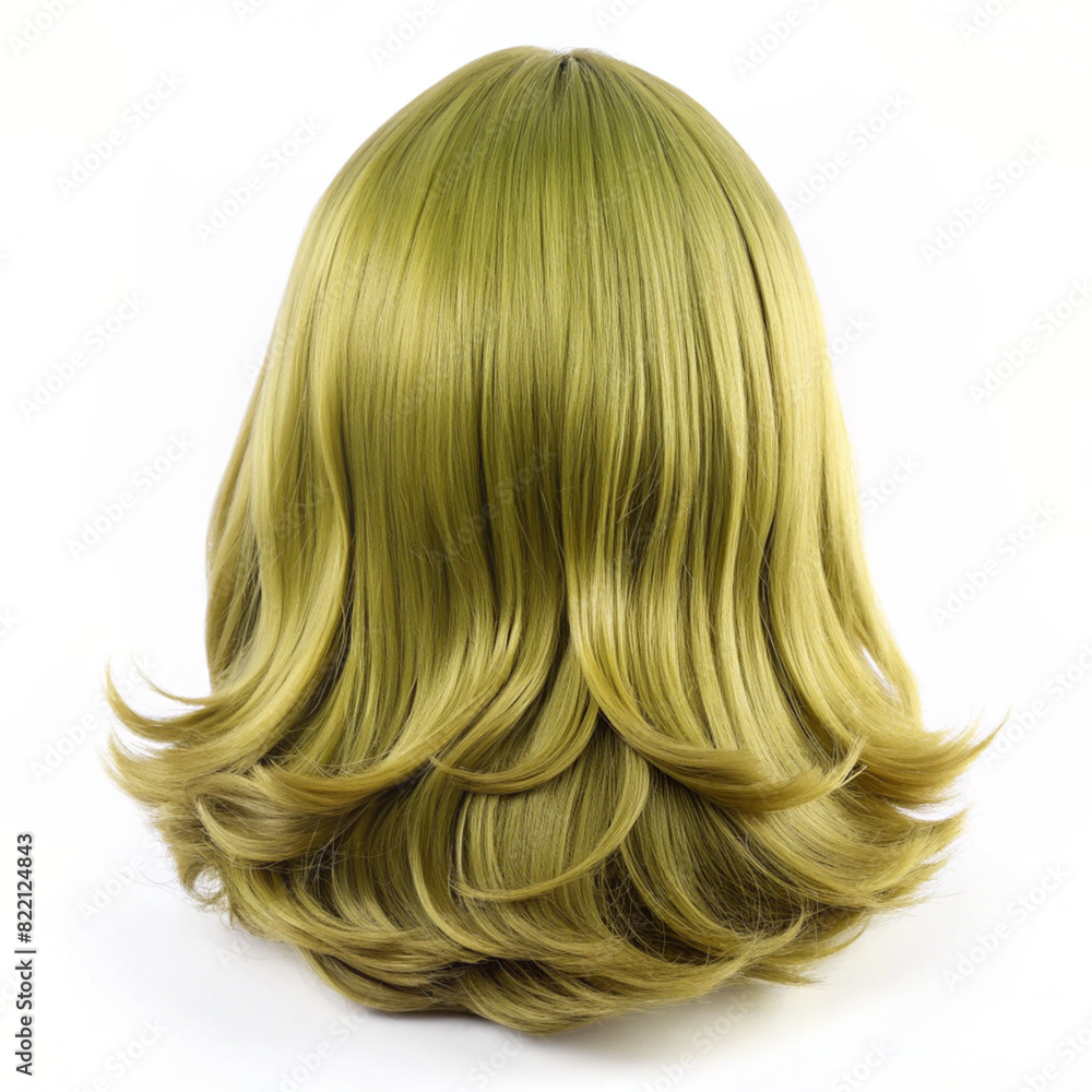 The image features the back of a olive wig with long layers and a ...