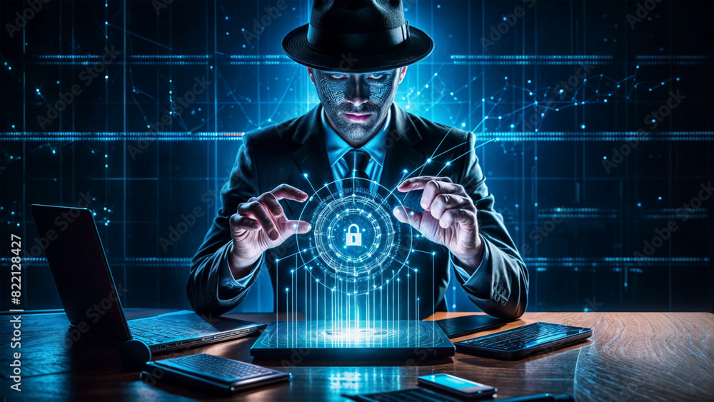 Front view of hacker in web hologram interface, glowing circuit of ...