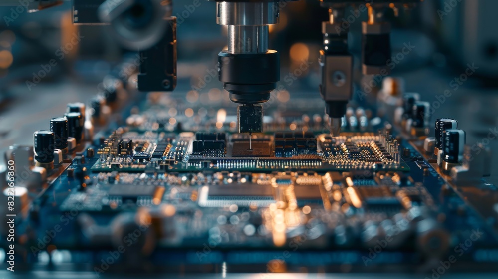 Macro image of a printed circuit board on an assembly line with an ...