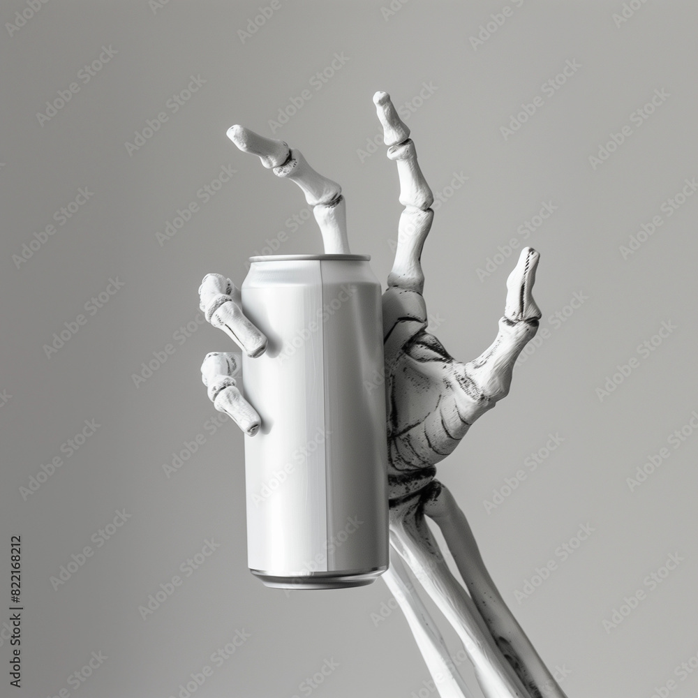 Skeleton bone hand holding a blank white tin drink can POD mockup ...