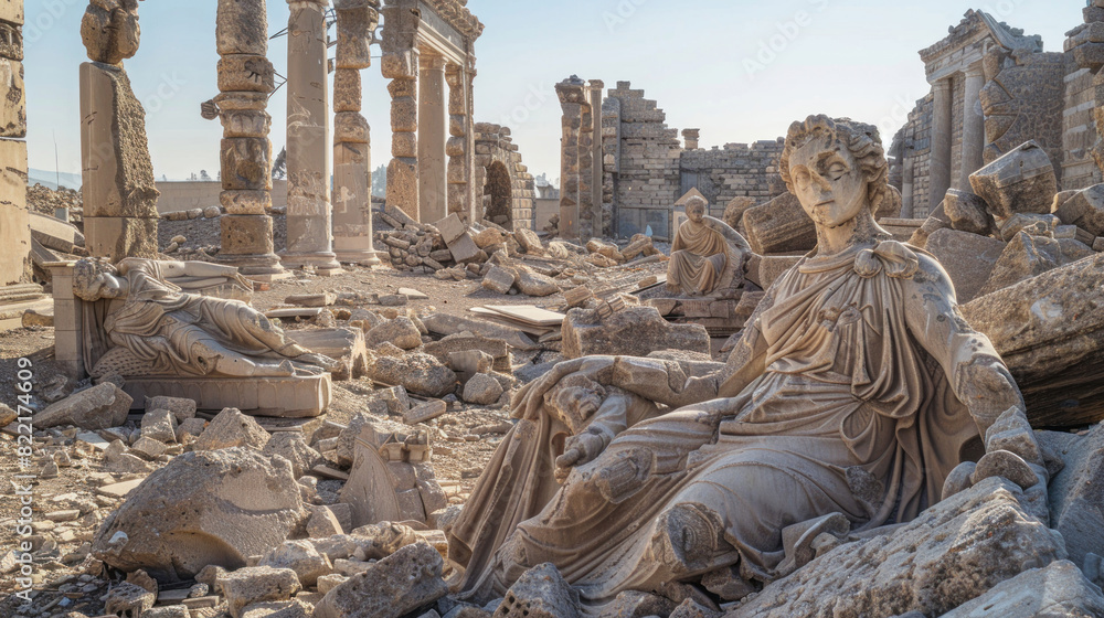 Foto de Stock War-torn cultural site, broken statues and shattered ...