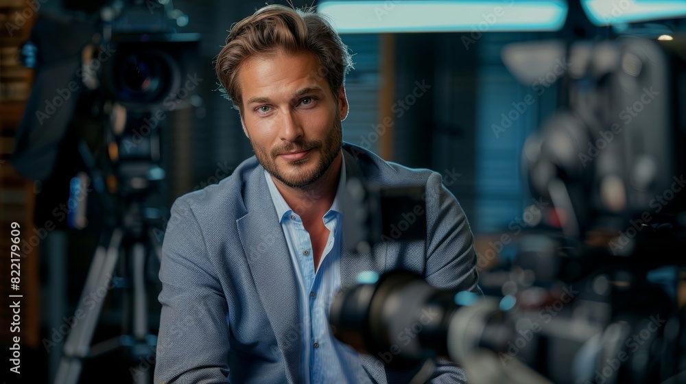 TV Show Presenter and Celebrity Interview. Portrait of Handsome Male ...