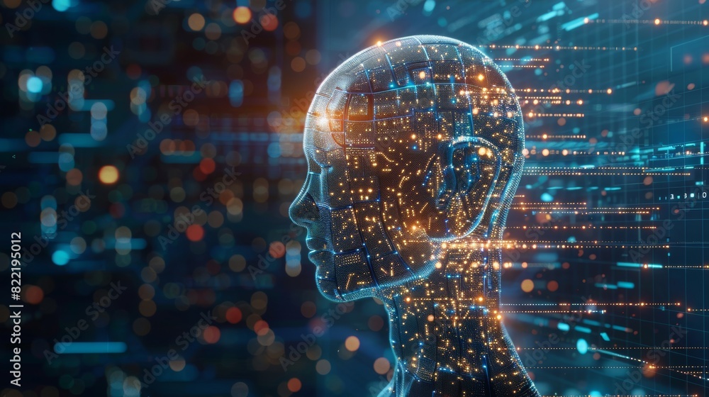 Concept of Artificial Intelligence software development. Robot head on ...