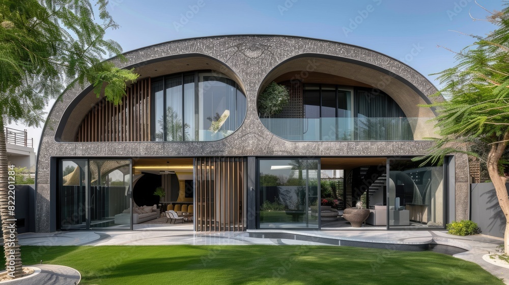 a twinhouse facade in the UAE, adorned with asymmetric arches, vertical louvers, and stone ...