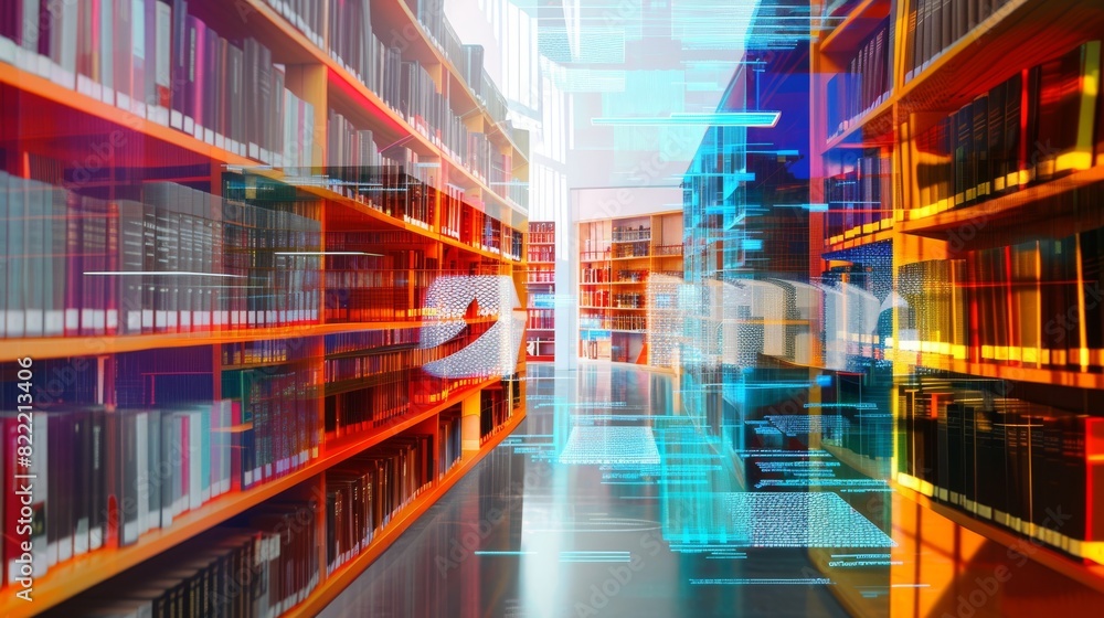 A modern library concept with transparent holographic screens and ...