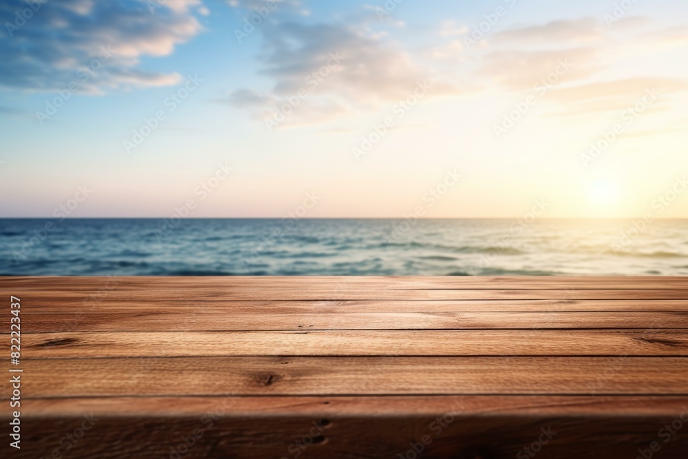 Wooden deck table top on blur sea background can be used for display or ...