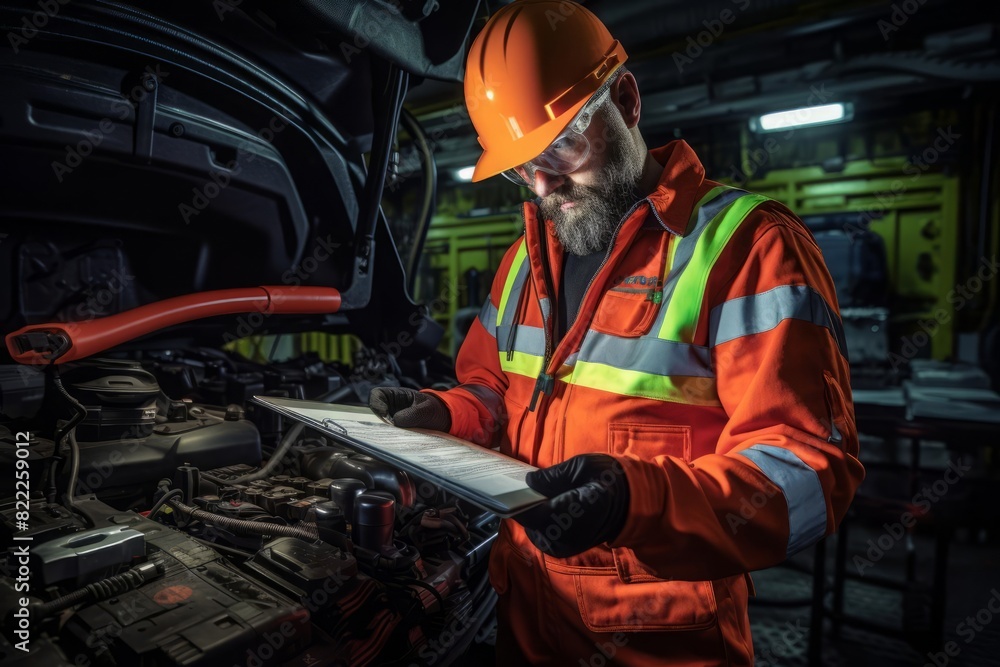 A mechanic wearing a highvisibility vest performing a vehicle ...