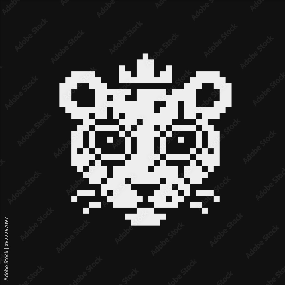 Tiger in crown, wild cat face emoji, tiger head. Pixel art icon. Logo ...