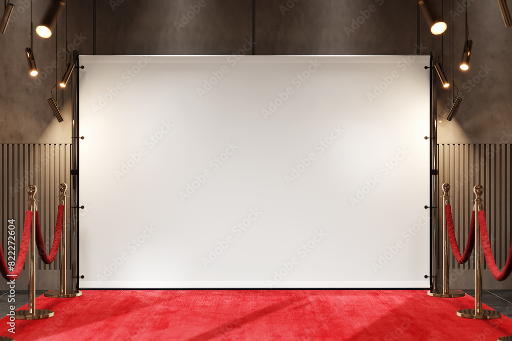 Ilustração Backdrop banner with red carpet mockup. 3D rendering do ...