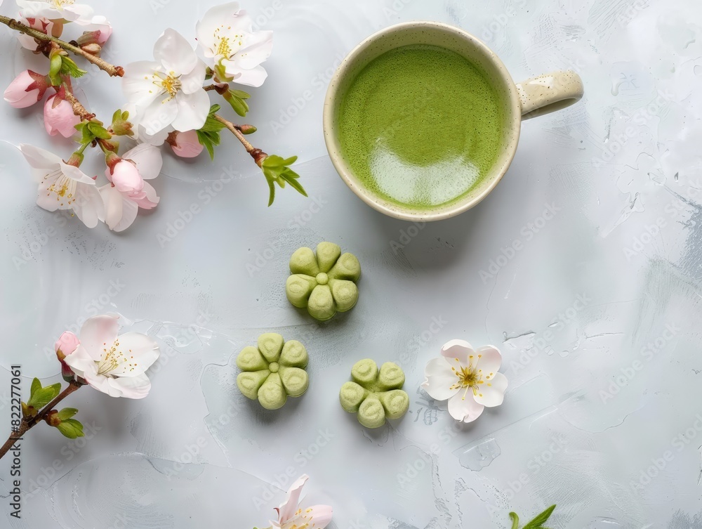 Top view of Japanese matcha tea with wagashi, using the rule of thirds ...