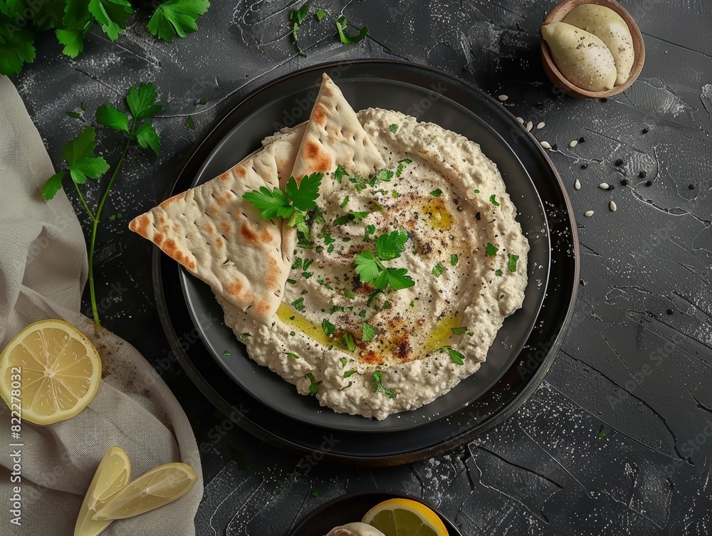 Top view of Lebanese baba ganoush with pita, using the rule of thirds, with ample copy space ...