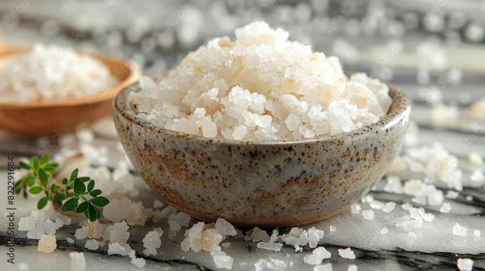 gourmet salt display, celtic grey sea salt flakes arranged on marble ...