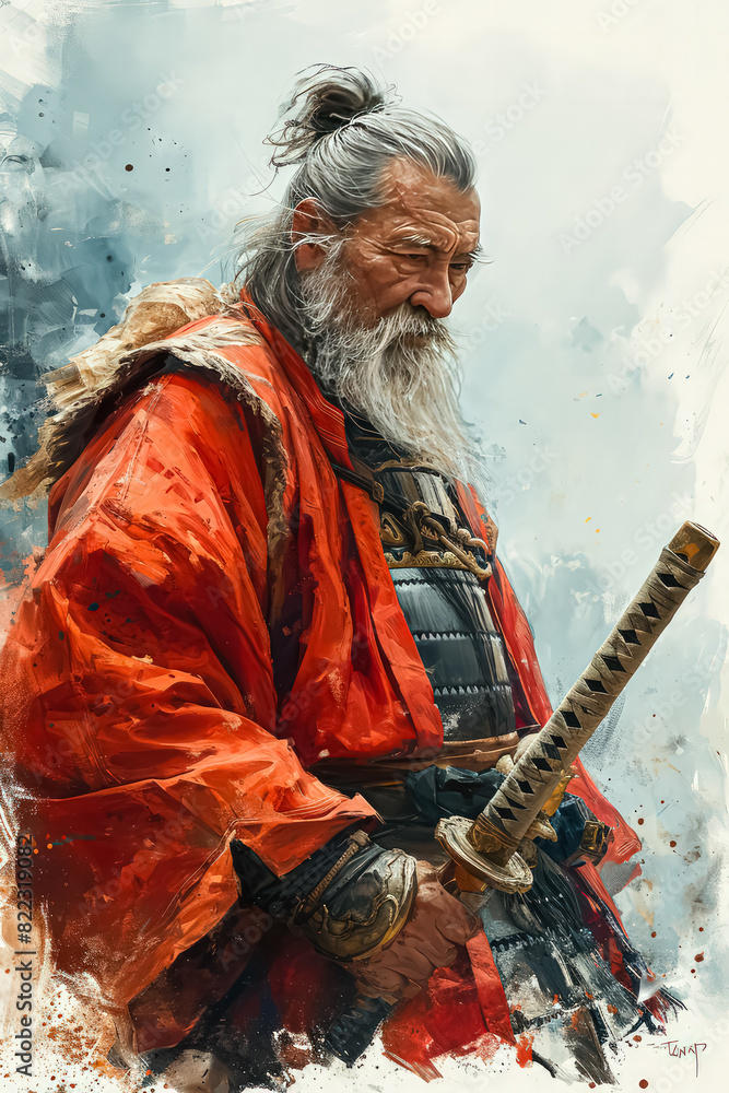 Watercolor portrait of a samurai warrior, capturing the strength, honor ...