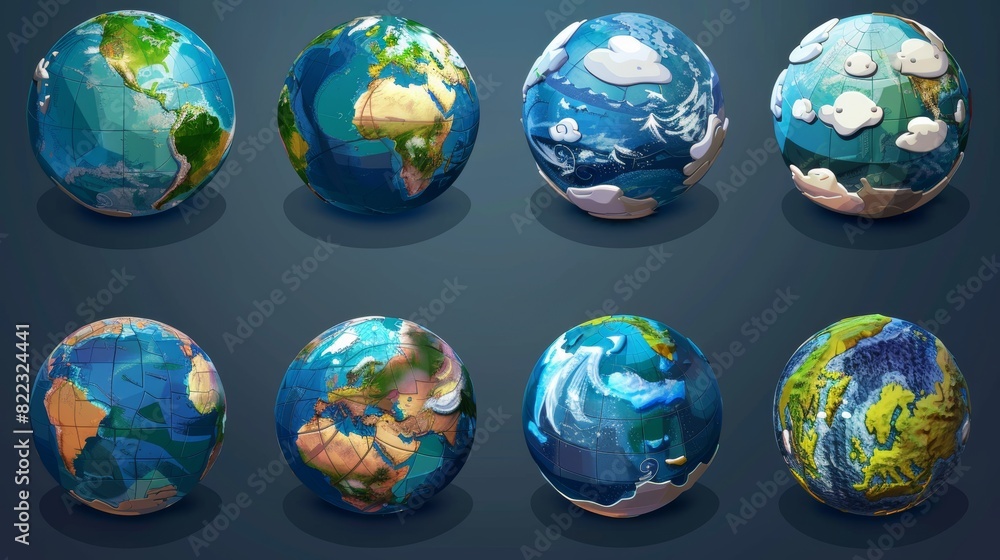 A cartoon earth planet animated sprite sheet with oceans, mainlands ...