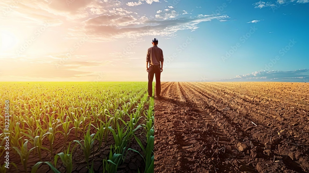 climate change contrast silhouette of farmer in divided field lush ...