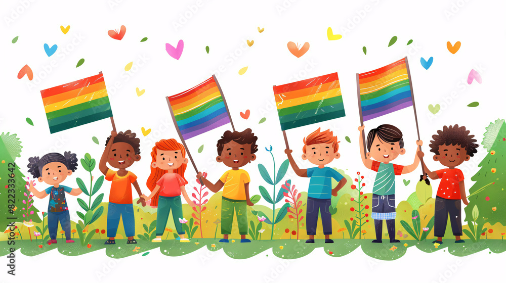 cartoon style illustration of diverse characters holding rainbow flags ...