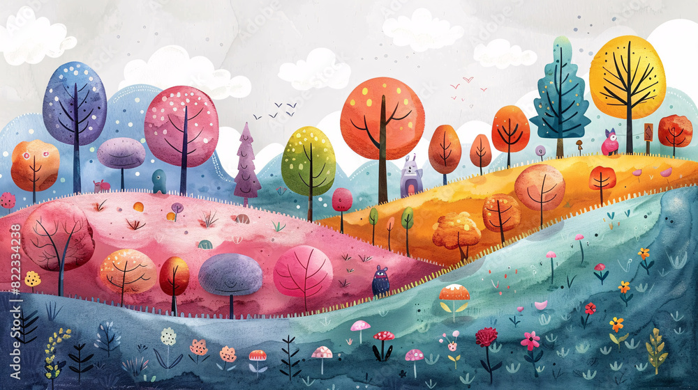 cartoon style illustration of magical forest with rainbow trees and ...