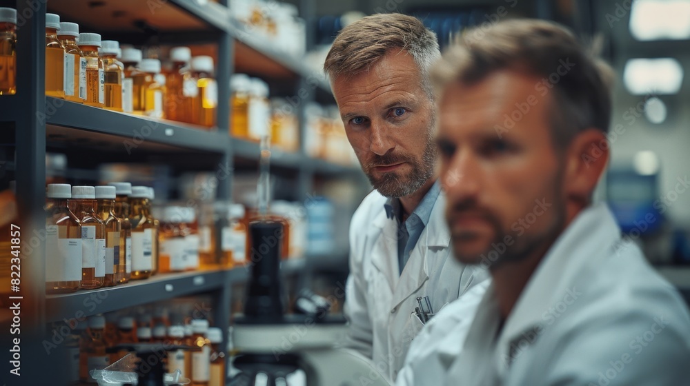 lab food safety assessment, two scientists analyzing food safety test ...