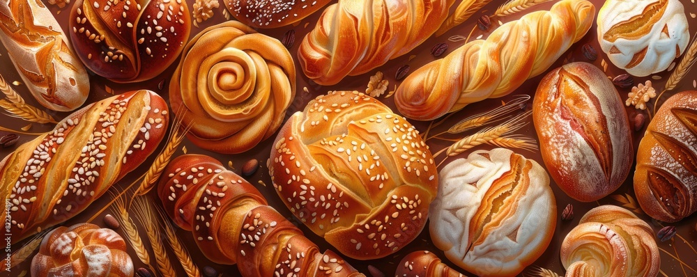 Freshly baked variety of artisan bread including baguette, roll, and ...