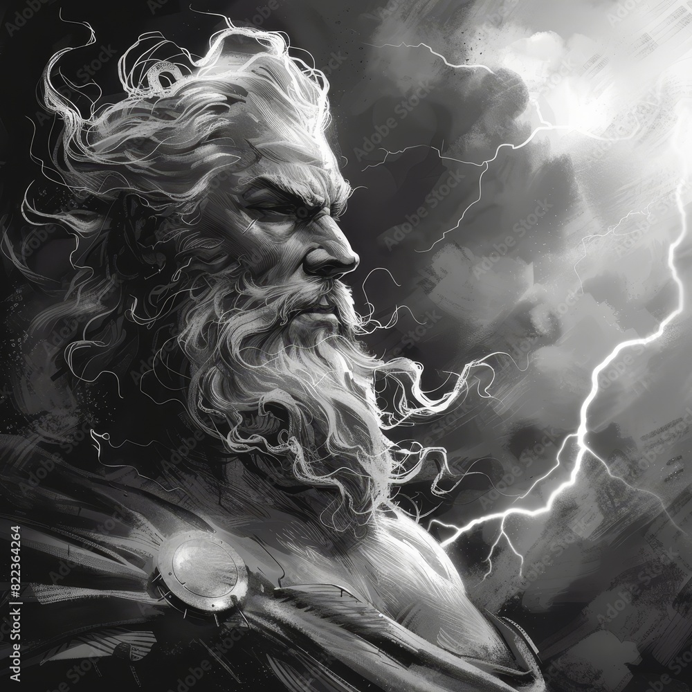 Dramatic black and white illustration of a mythological thunder god ...