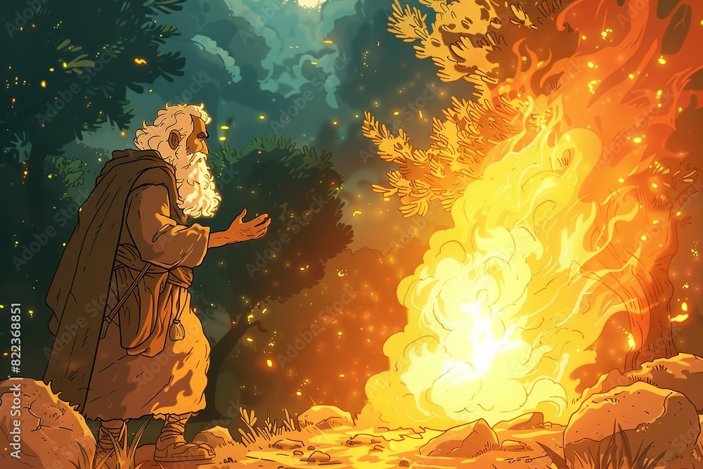 Immerse yourself in a playful cartoon scene as Moses tentatively ...