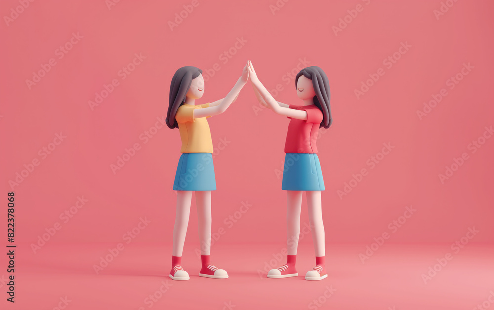 Two 3d girls characters greeting each other by clapping hands, they ...