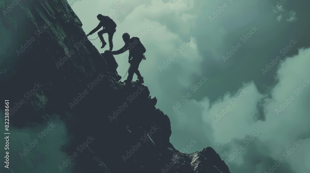 Help and assistance concept. Silhouettes of two people climbing on ...