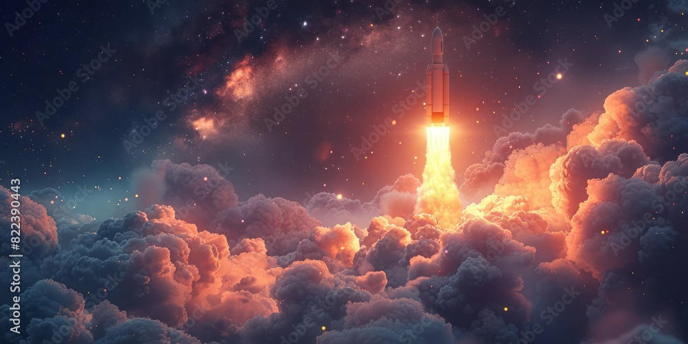 A rocket propelling upwards into the dark night sky, leaving a trail of ...