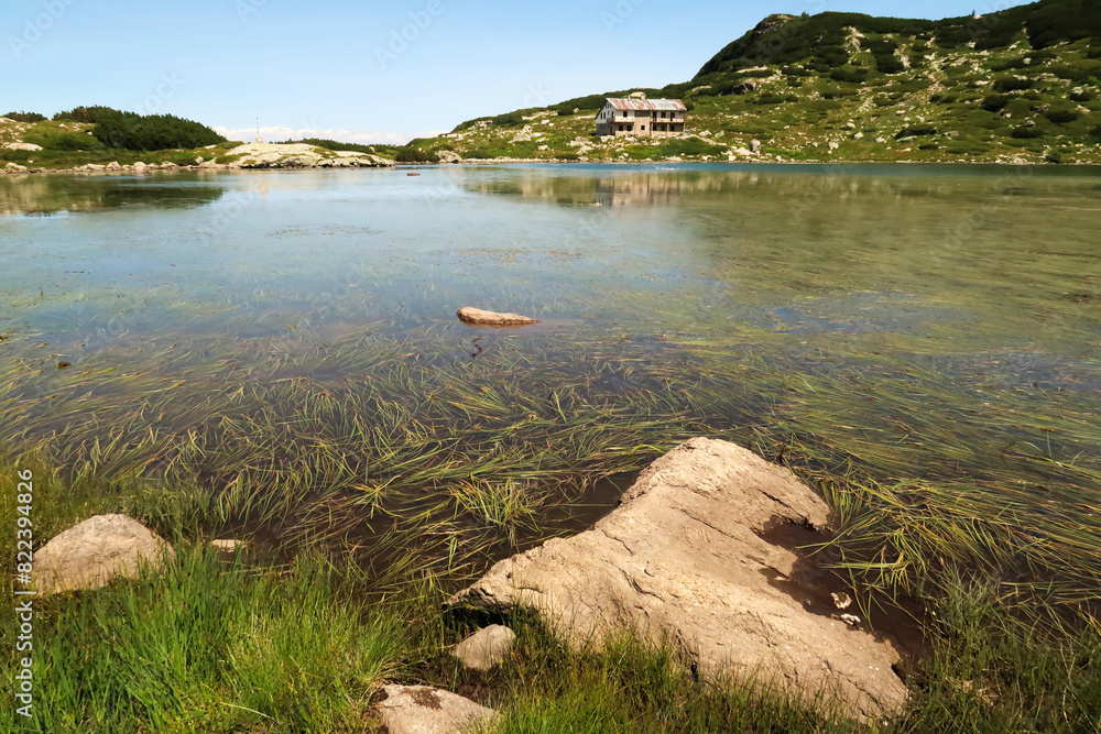 View over the Fish Lake, Ribnoto Ezero, water plants, grass below the ...