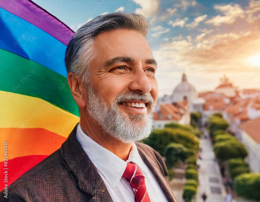 attractive adult old man smiling against the background of the lgbt ...