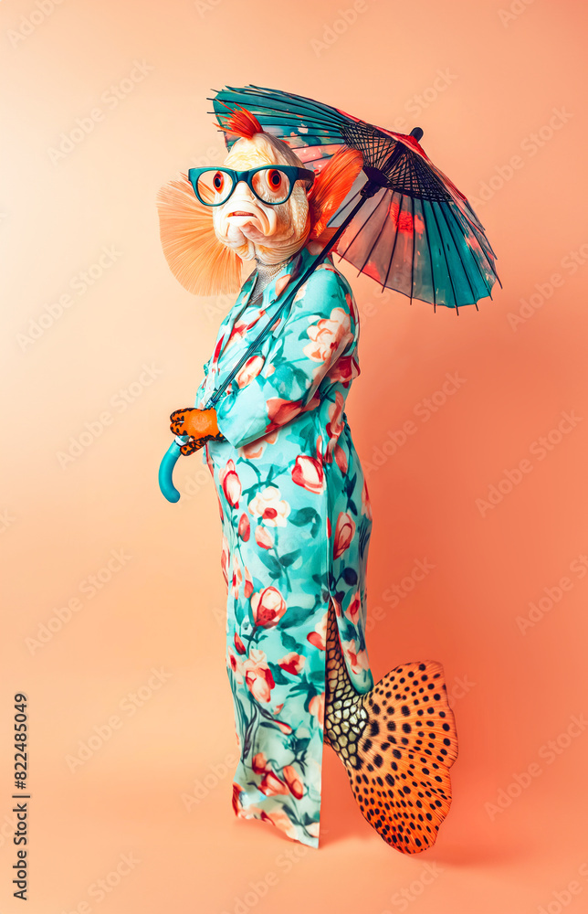 Whimsical portrayal of anthropomorphic fish in a floral kimono, holding ...