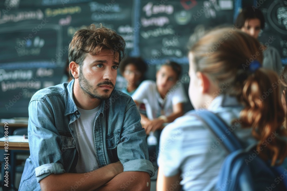 Concerned teacher talk with student in classroom amid conflicted ...
