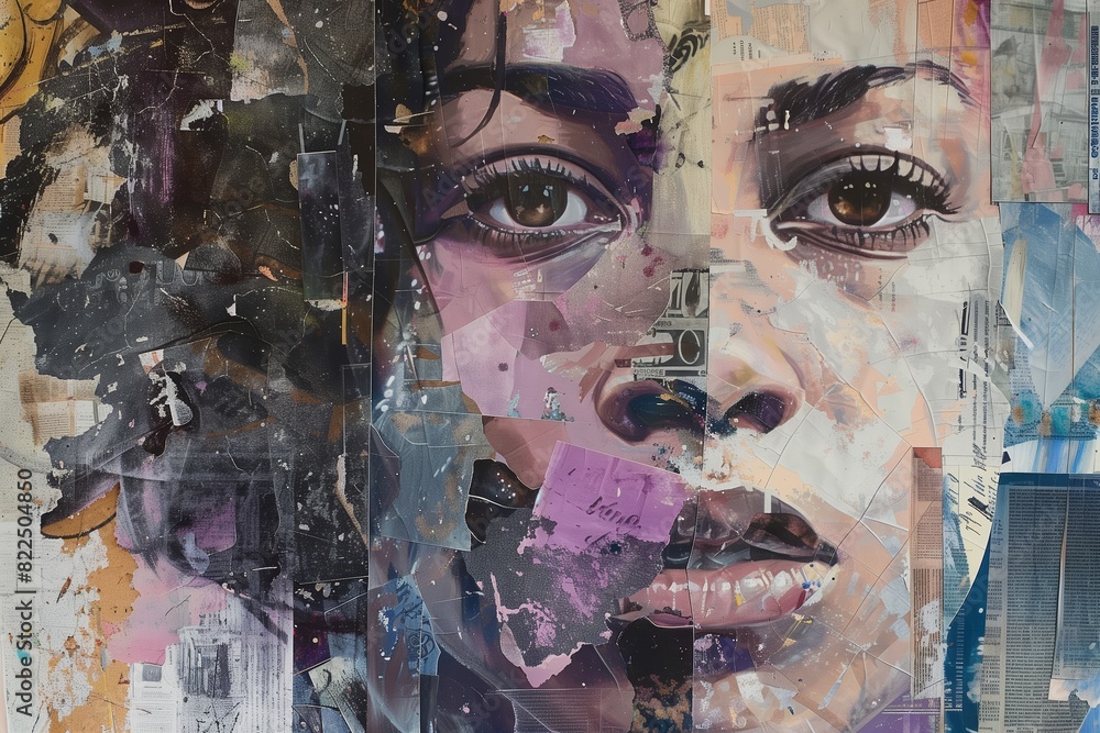An image displaying an intricate collage-portrait of a woman's face ...