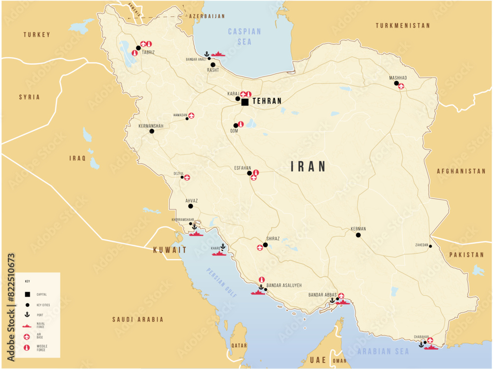 Iran map with military bases and neighbor countries. Vector map ...