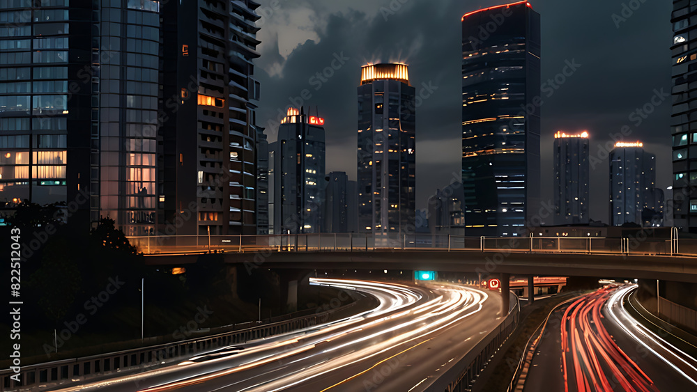 The light flow of traffic on an evening highway in a city with modern ...