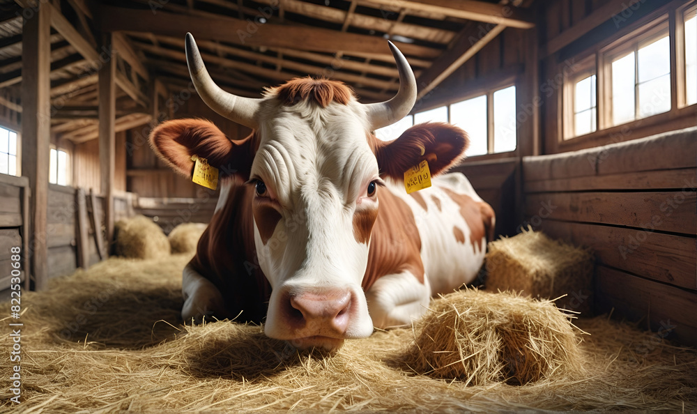 cattle, a bull in a barn eating hay. Stock Photo | Adobe Stock