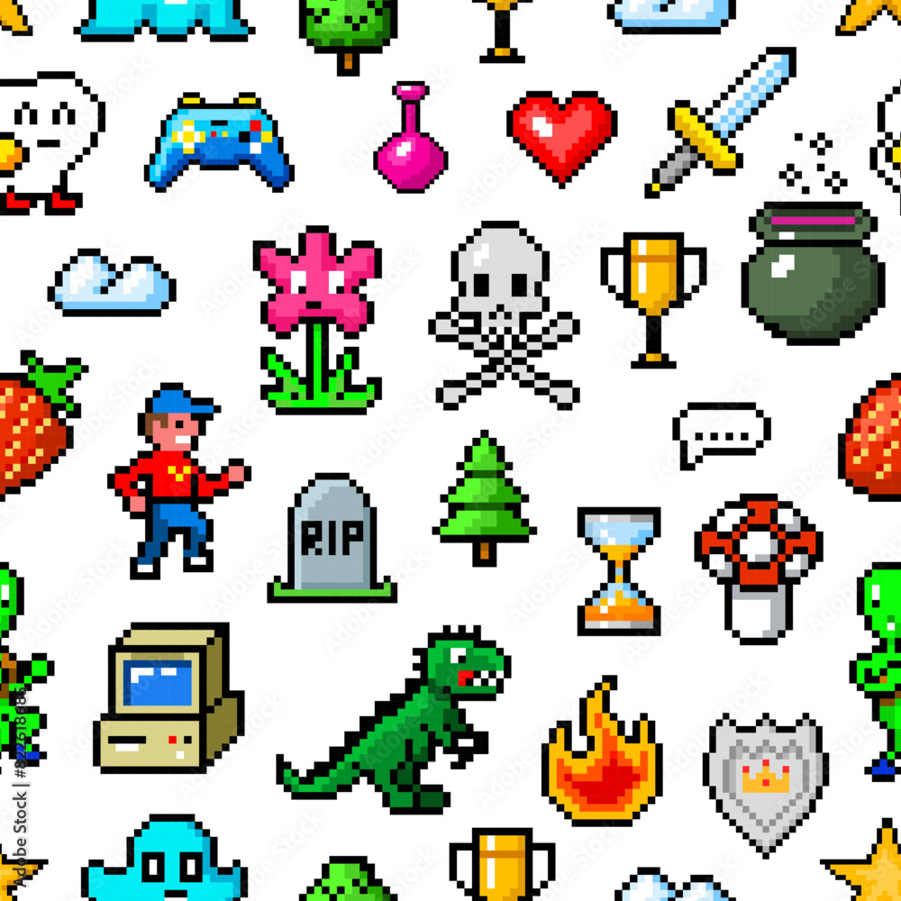 Pixel art 8 bit objects. Seamless pattern. Retro game assets. Set of icons. Vintage computer ...
