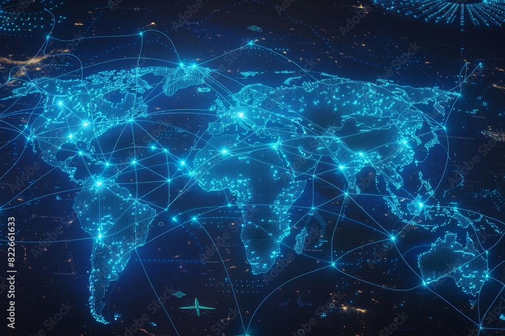 A world map with blue glowing connections between cities and countries ...