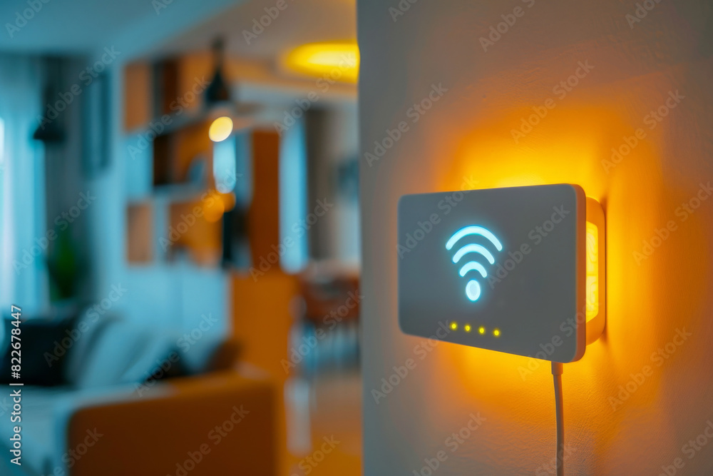 Illuminated wi-fi router fixed to a wall emits a blue glow, showcasing ...
