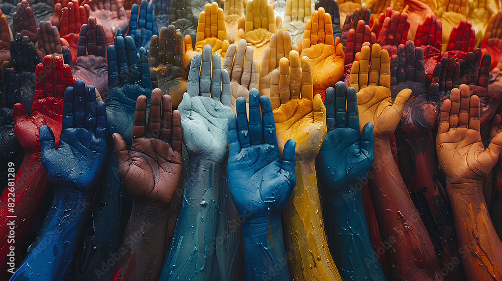 Concept of inclusion, hands painted in different colors that speak ...