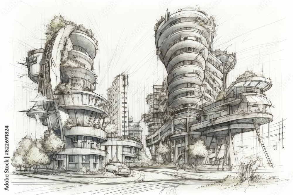 Innovative and eco-friendly futuristic city concept sketch featuring a ...