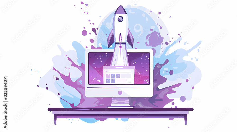 Vector Art Illustration of a Computer with a Rocket Shooting Out of It ...