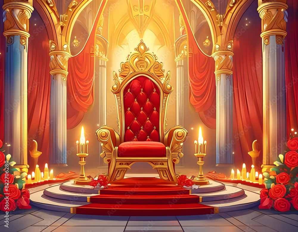 A detailed cartoon illustration of a grand golden throne on a pedestal ...