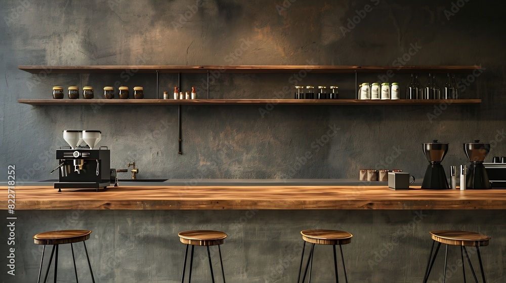 Seat and wooden counter with coffee equipment on counter bar and wooden ...